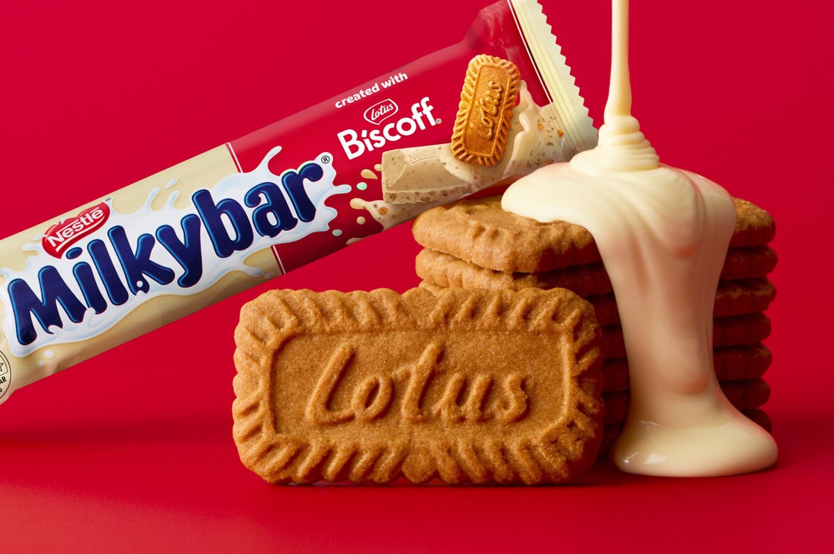 Milkybar collabs with Biscoff for new chocolate bar
